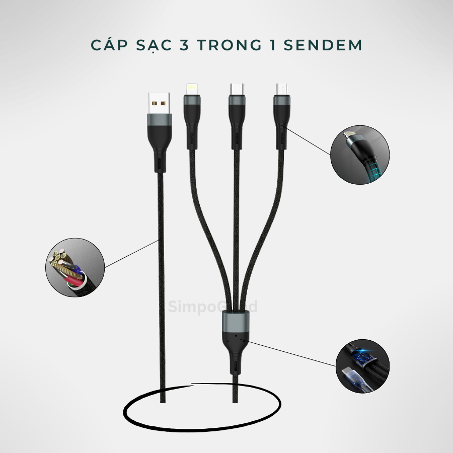 Sendem 3in1 Phone Charger Cord Convenient, Anti-Fold, Fast Charging ...