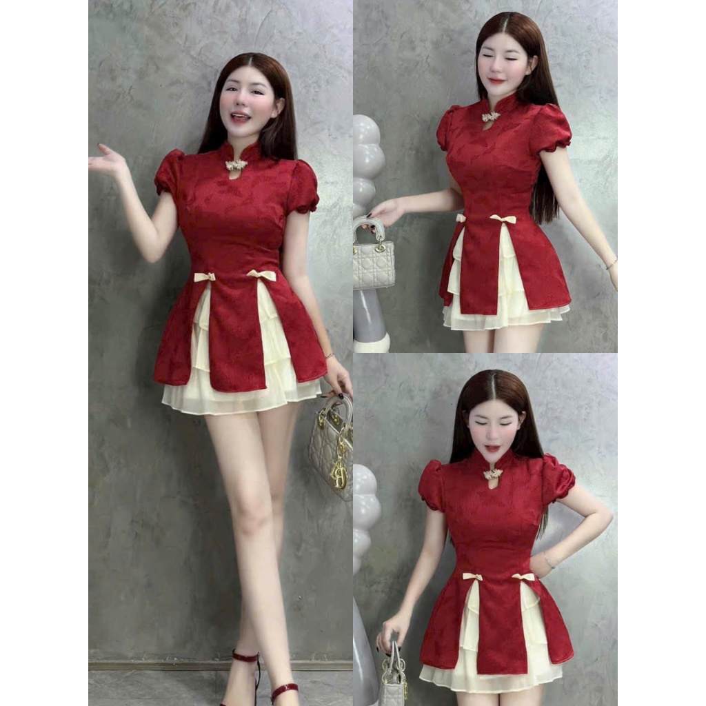 Fashionable dress set CNY 2025 super HOt, embossed brocade, bud-sleeved ...