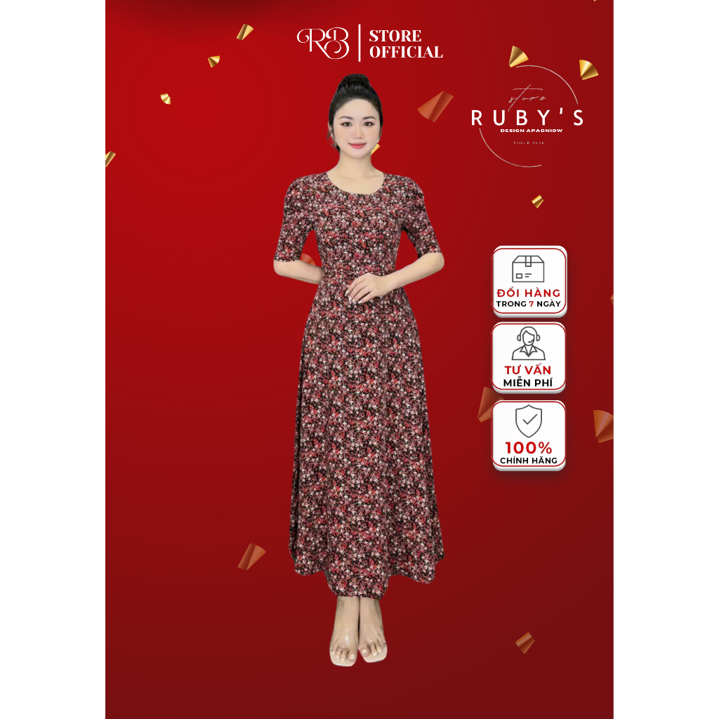 [2-LAYER Products] RUBY's Store round neck middle-aged dress with A-line puff sleeves to flatter ...