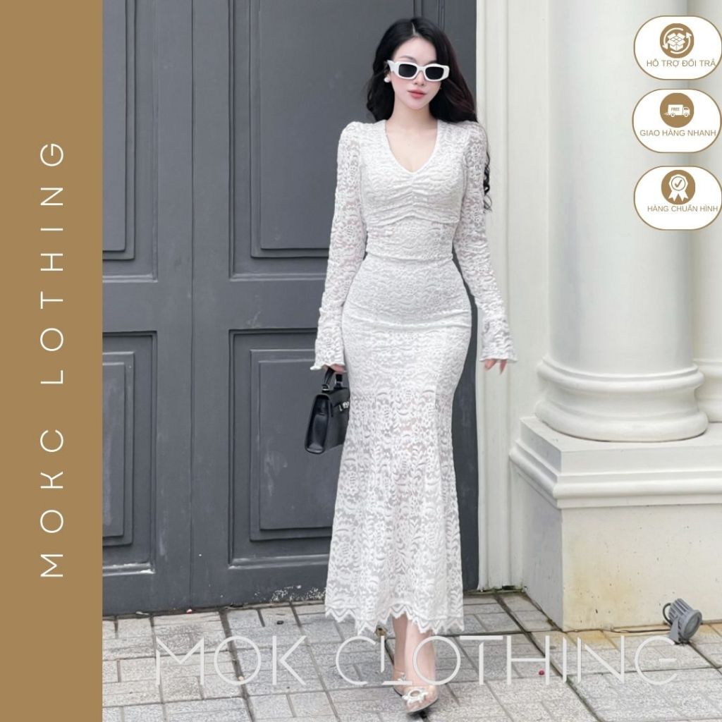 Long fishtail lace dress brings a flattering, super pretty shape ...