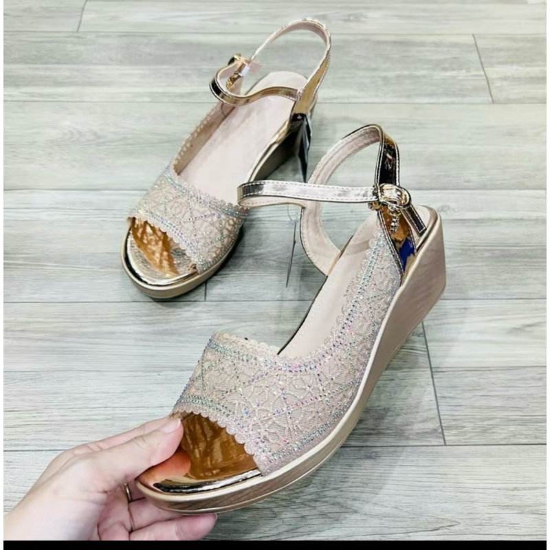 Open-toed wedge sandals with stones, high-quality QC products (100% ...