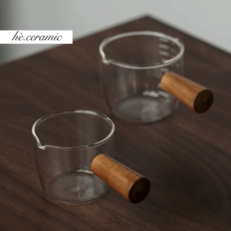 SUMMER.CERAMIC / Glass pouring cup with wooden handle. Milk pouring cup ...