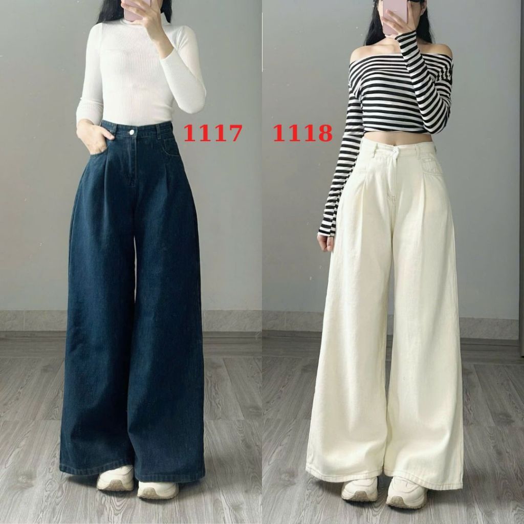 Junboy Pleated Wide-Leg Jeans with wide-leg leather label, long, loose shape, soft, thick ...