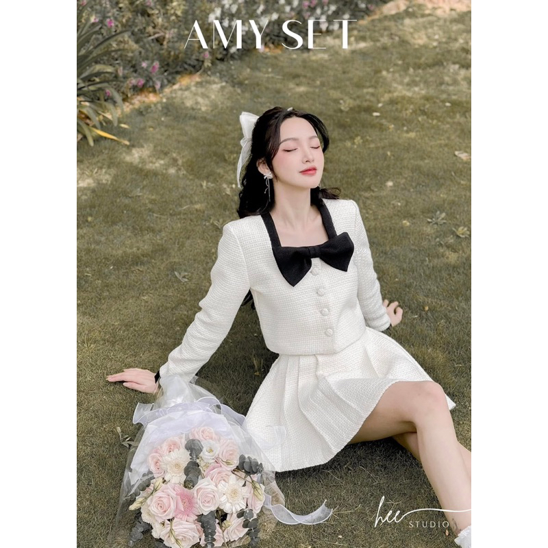 Pass Amy Set - Women's tweed Set with bow tie and cream pleated skirt ...