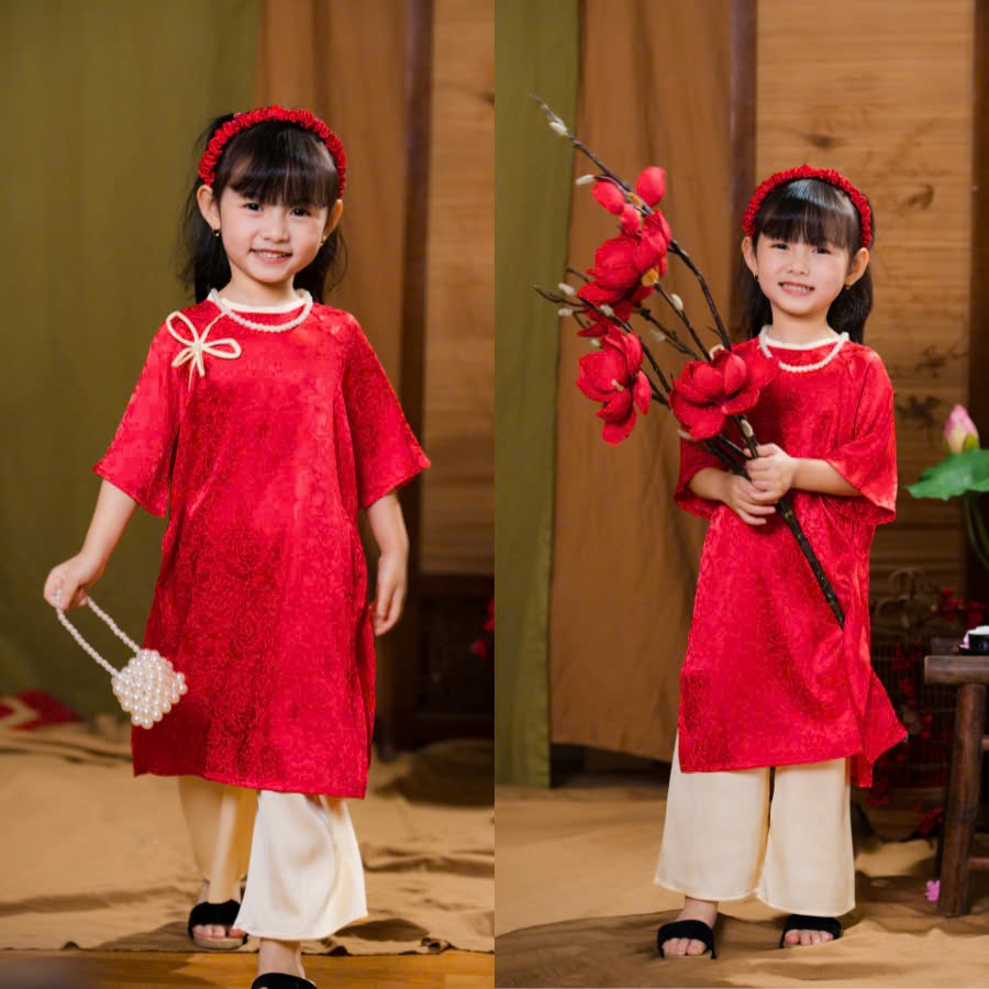 CNY Silk Brocade Ao Dai for Girls, Modern Brocade Ao Dai Set for TET ...
