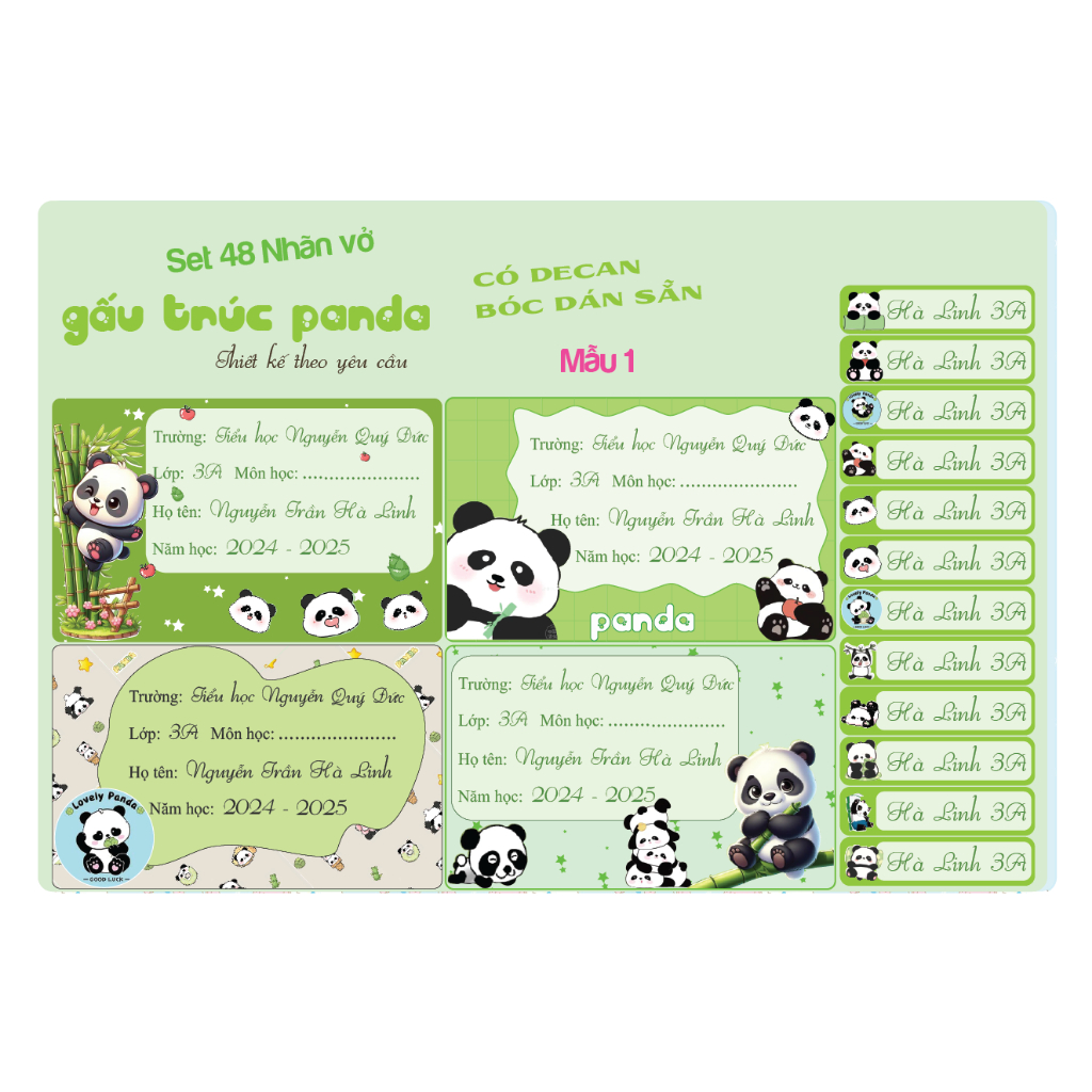 Set of 48 Panda notebook labels designed with names printed upon ...