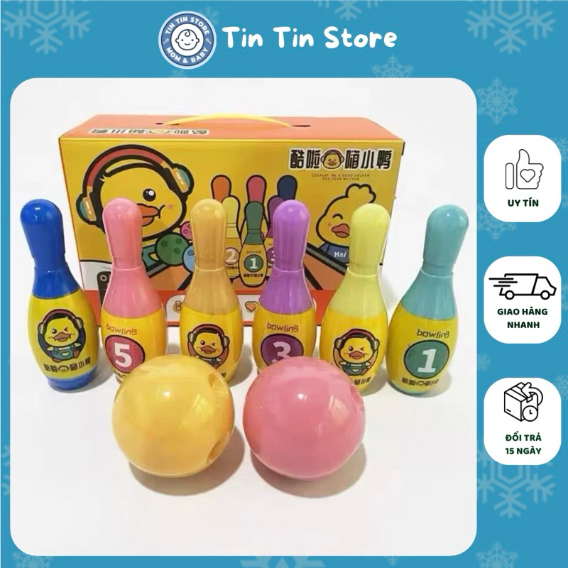 Yellow duck-panda bowling toy with 6 boling tubes and 2 genuine balls ...