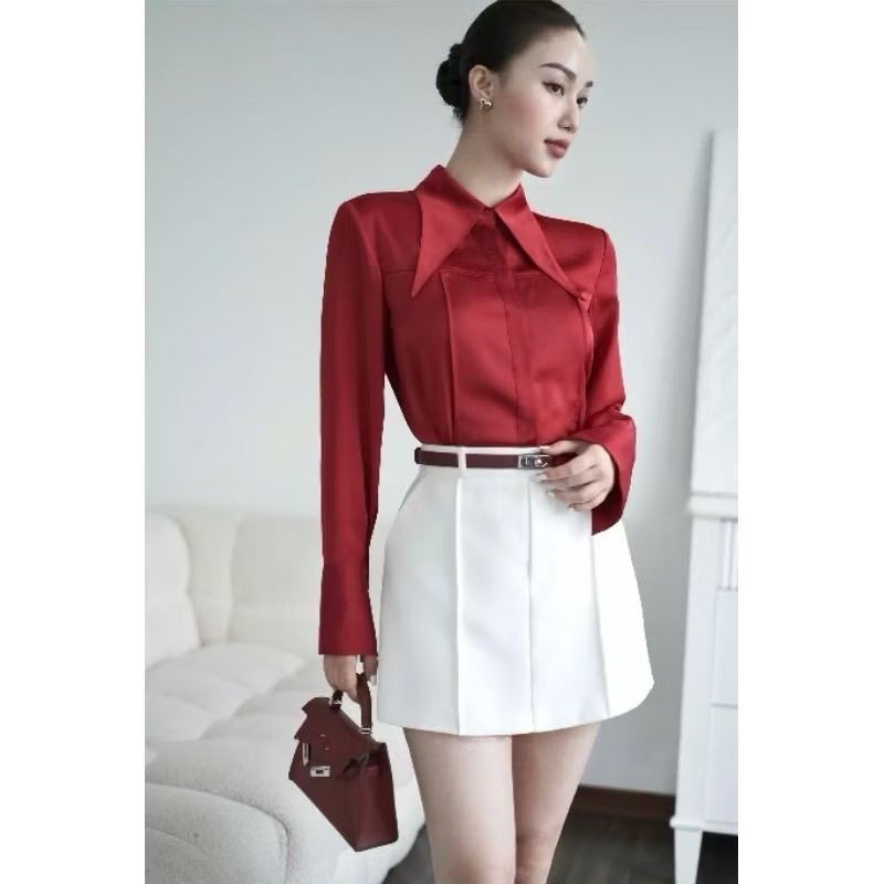 Red SILK SHIRT WITH LONG NECK | Shopee Malaysia