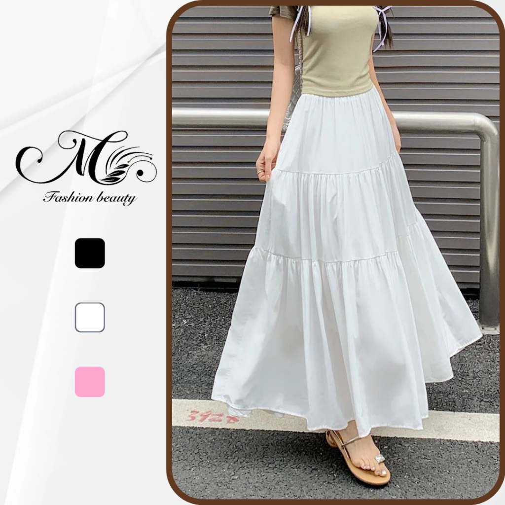 A-line long 3-layer flared Maxi skirt with elastic waist (with inner ...