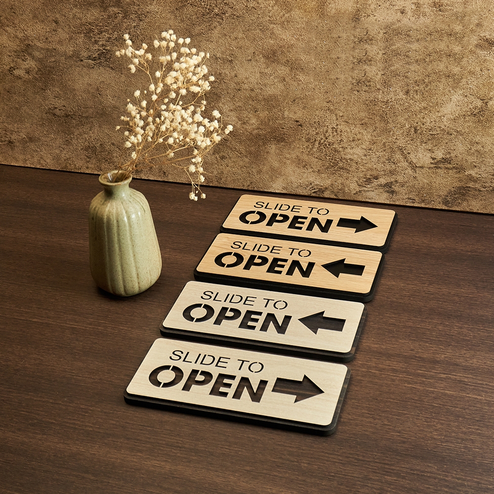 Wooden sign pulled over TO OPEN the door - SLIDE TO OPEN on both left ...