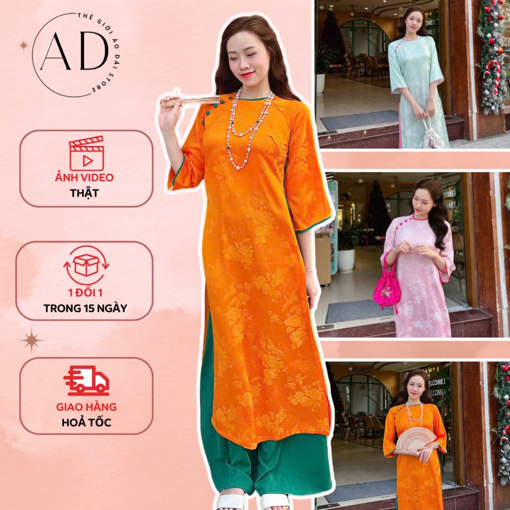 Innovative women's ao dai with round neck and buttons, luxurious peach ...