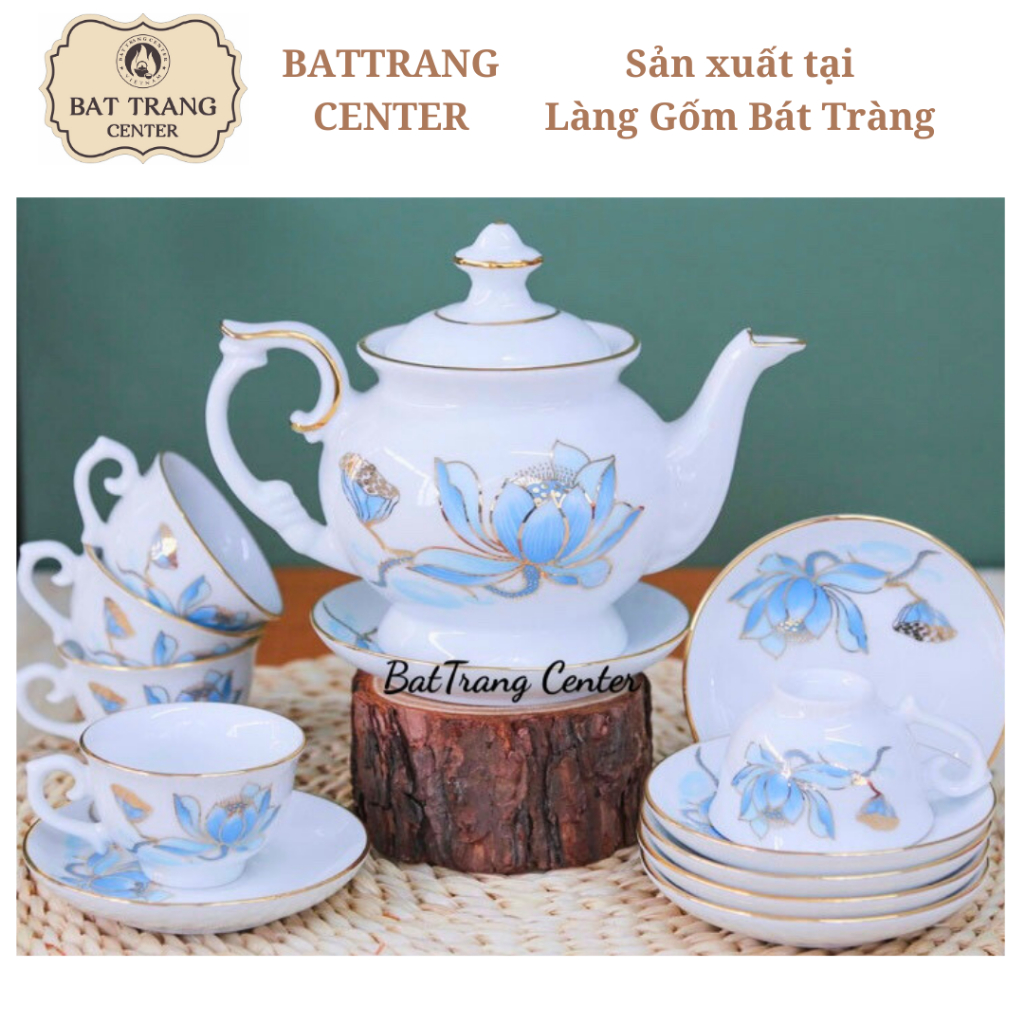 (8 Models) Bat Trang tea set - White enamel painted with Gold: Lotus ...