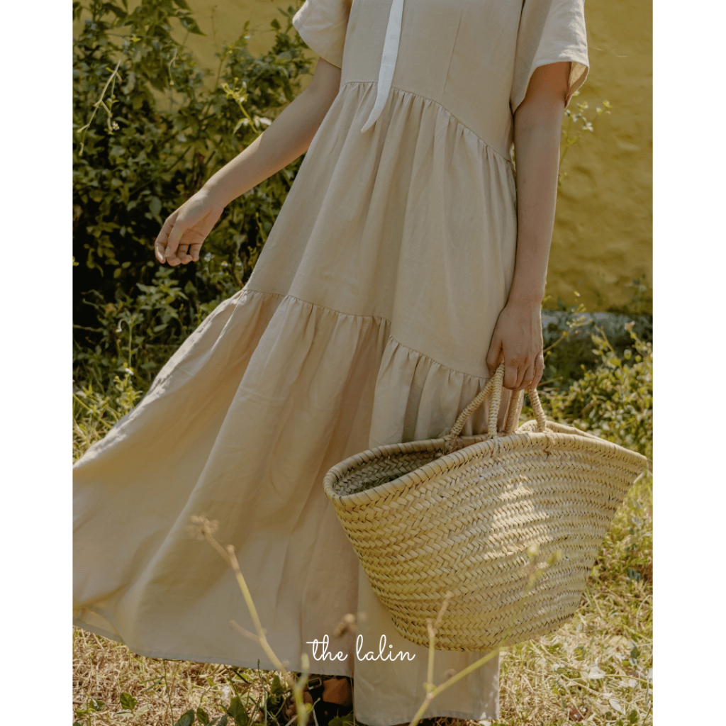 Beige linen Dress with short sleeves and flared multi-layered flare ...