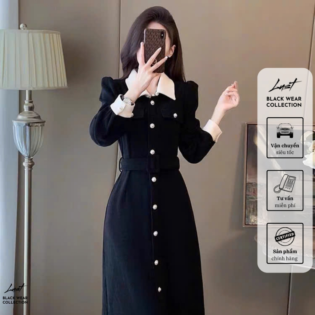 Dress designed with long collar and buttons with LUST belt, thick material Y722 | Shopee Malaysia