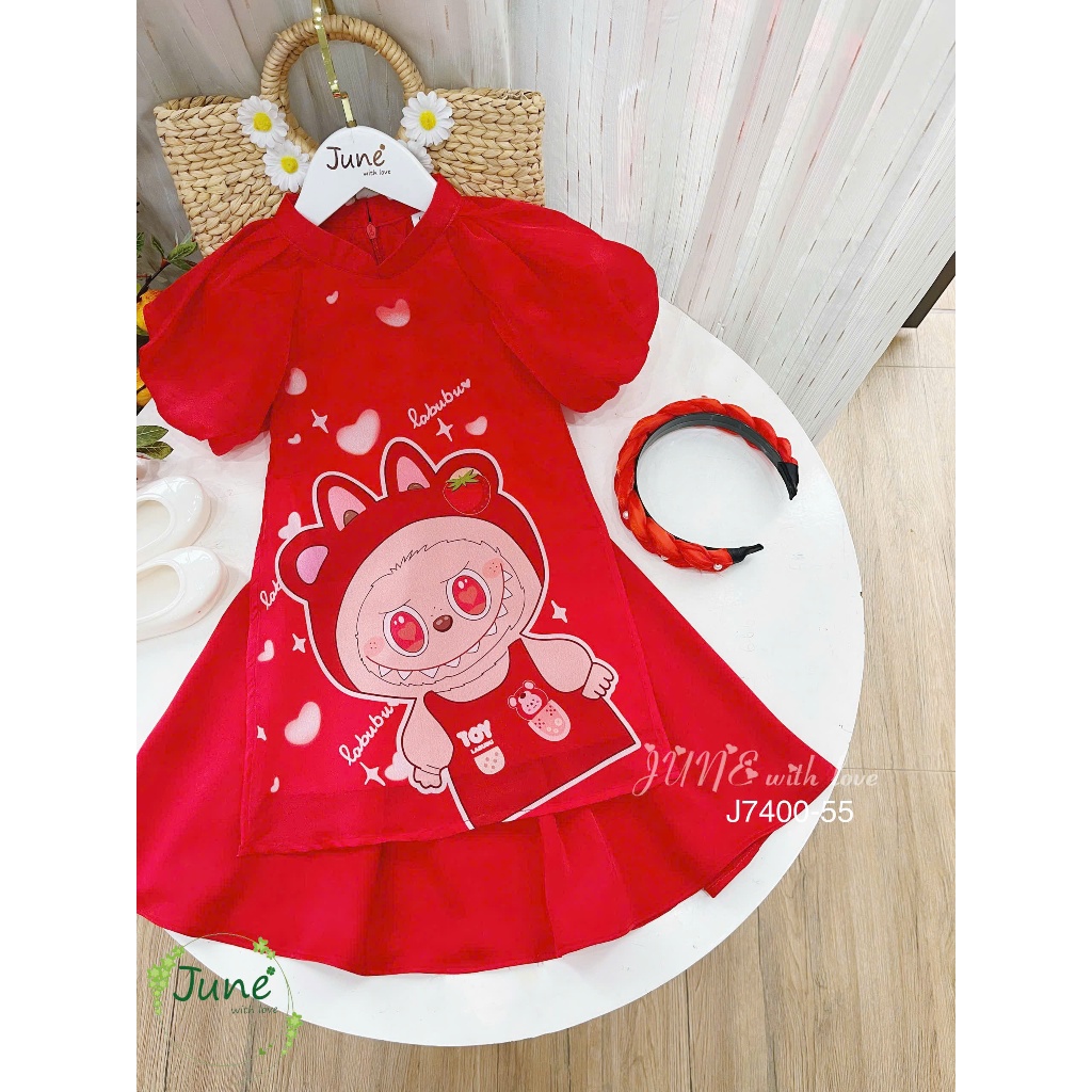 Ao dai set CNY 2025 for girls with labubu motifs, bright red color ...