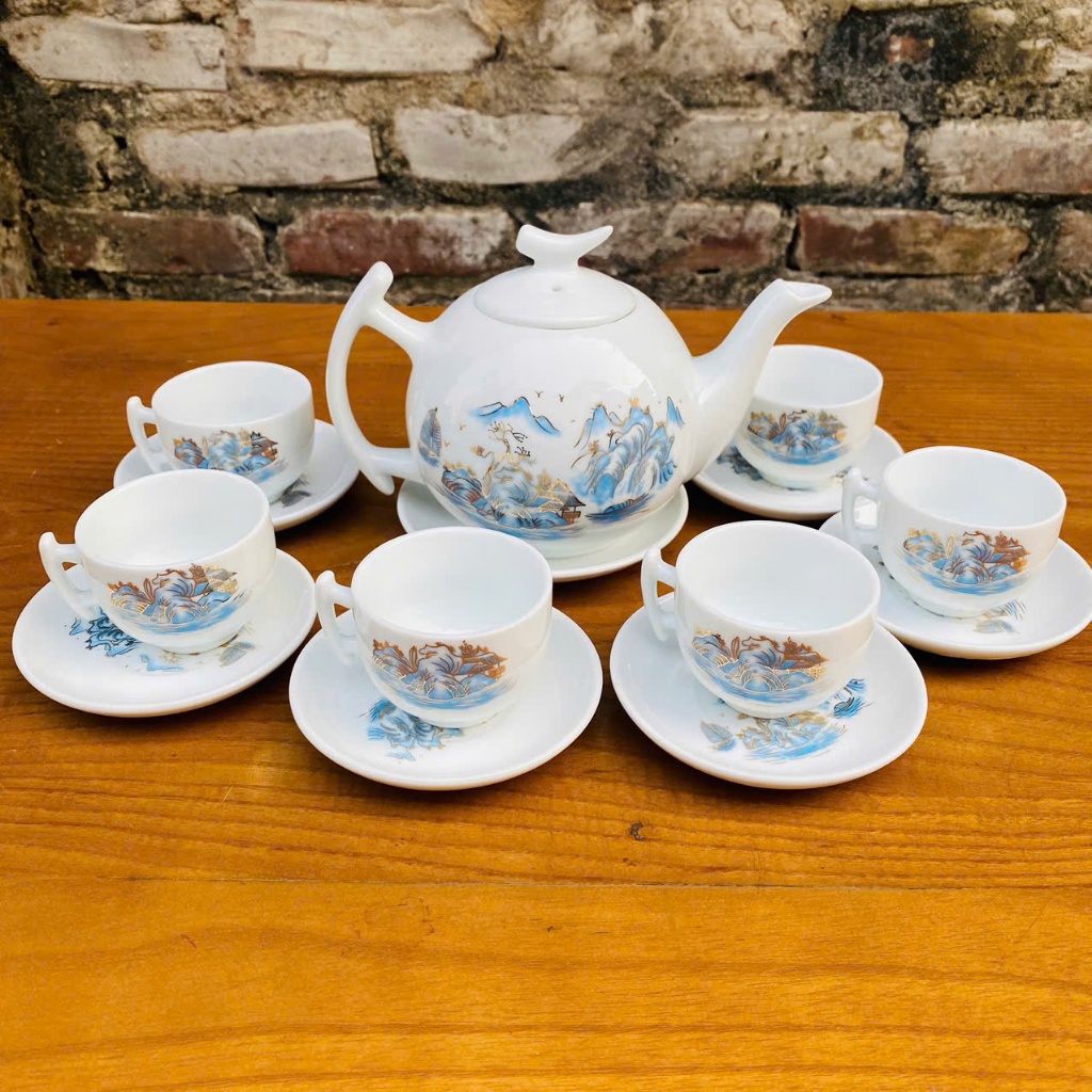Lovely Son Thuy Bat Trang Tea Cup Set - Golden Turquoise Drawing ...