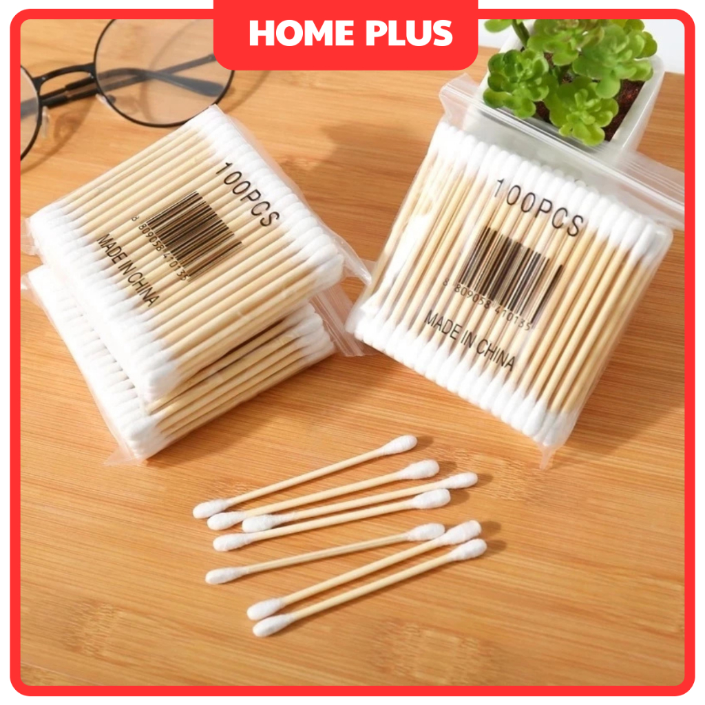Pack of 100 Wooden Ear Swabs, Multi-Purpose Double-Headed Cotton Swabs ...