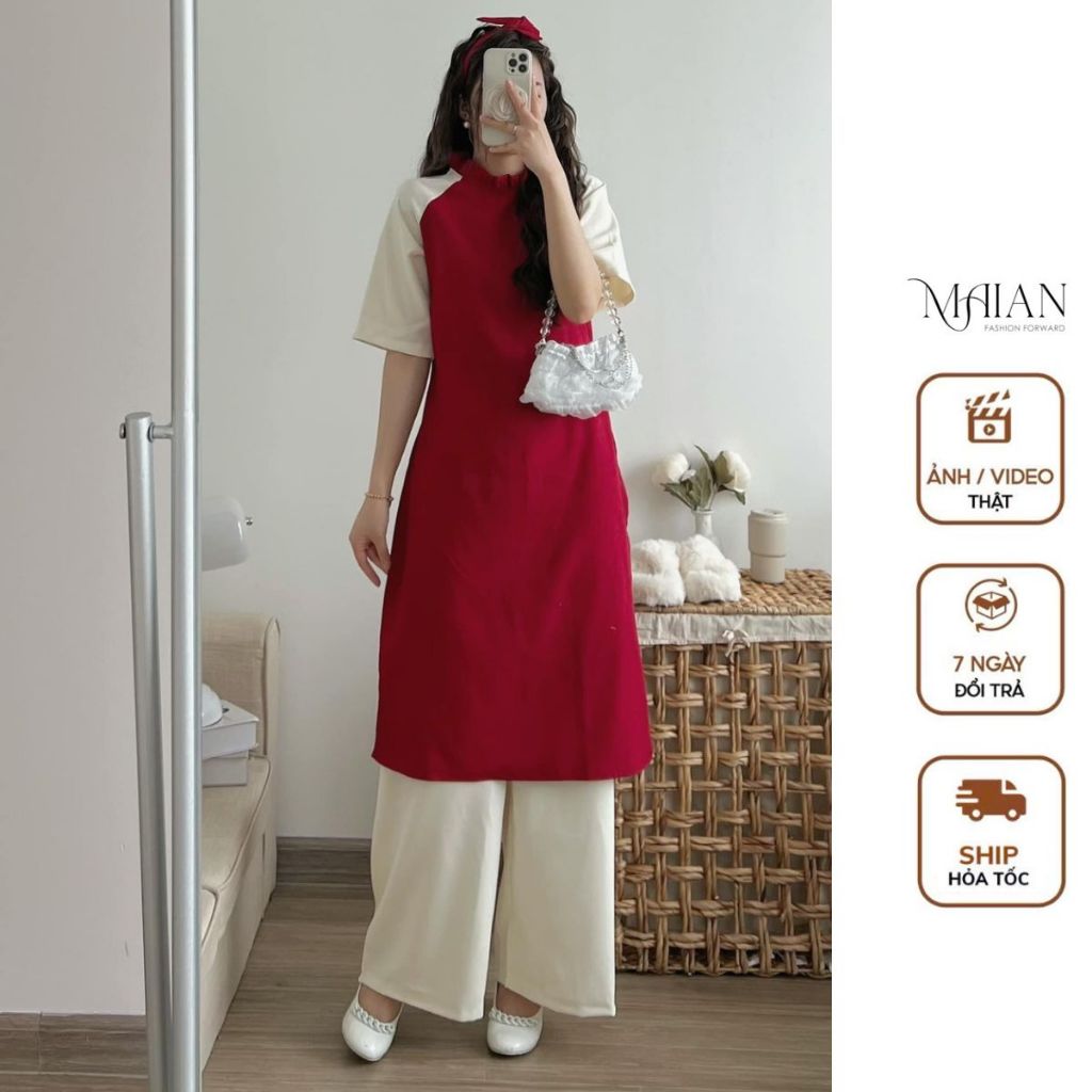 MAIAN pink red women's modern ao dai Set of traditional Vietnamese ...
