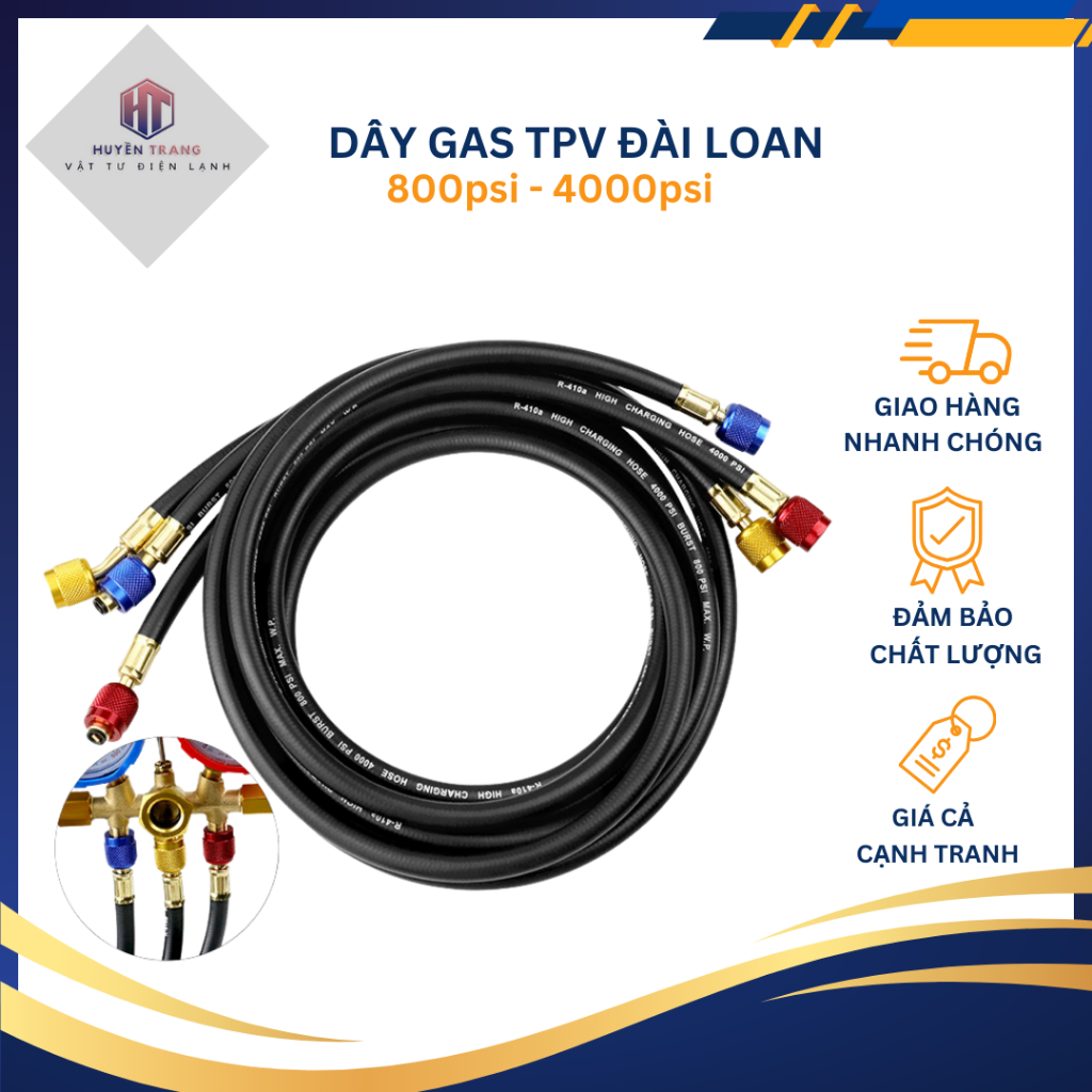 Set of 3 gas charging lines for R22 R134 gas types, 1m2, 1m5 and 1m8 ...