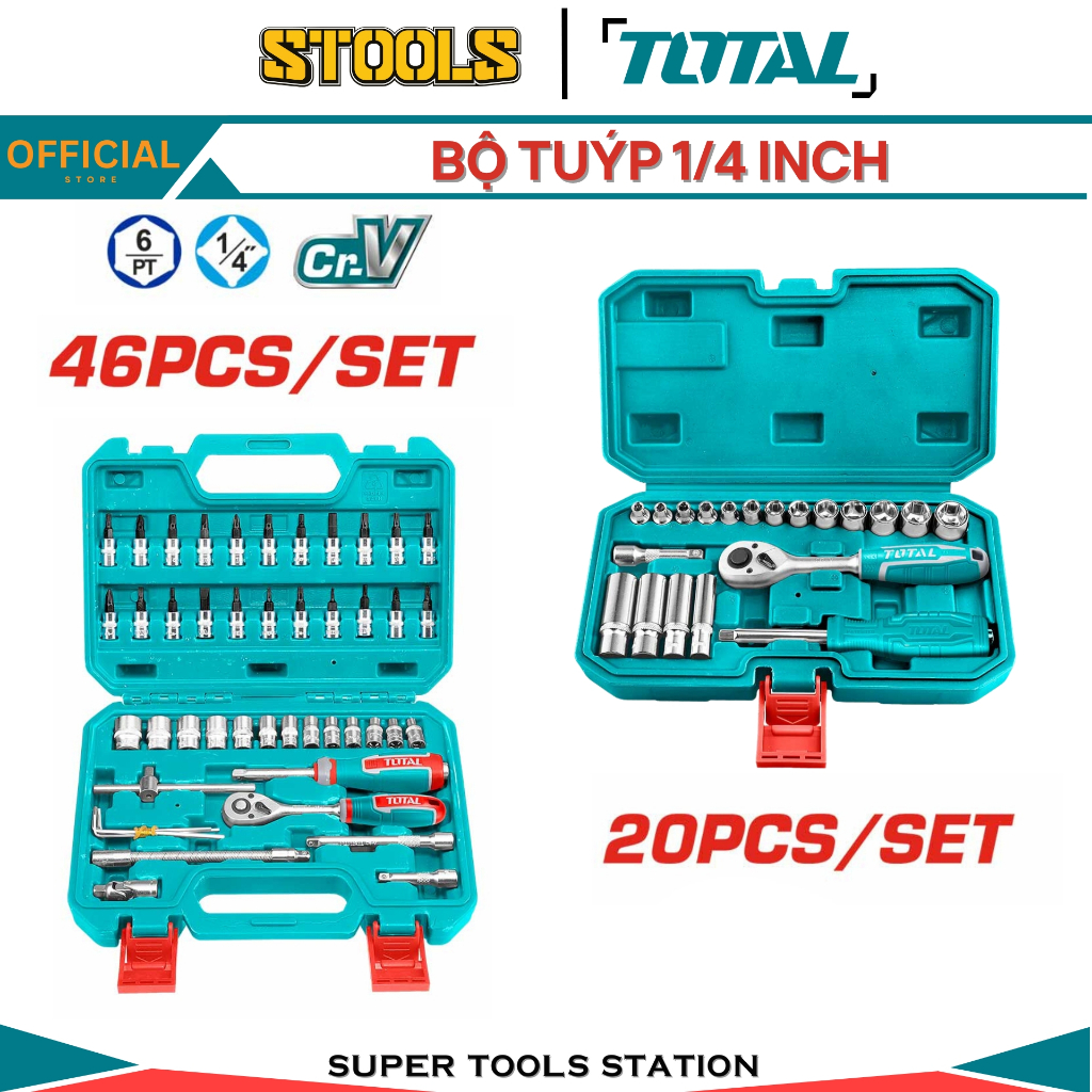 Total 1/4 inch socket set, sturdy, shiny CR-V steel, socket set, multi ...