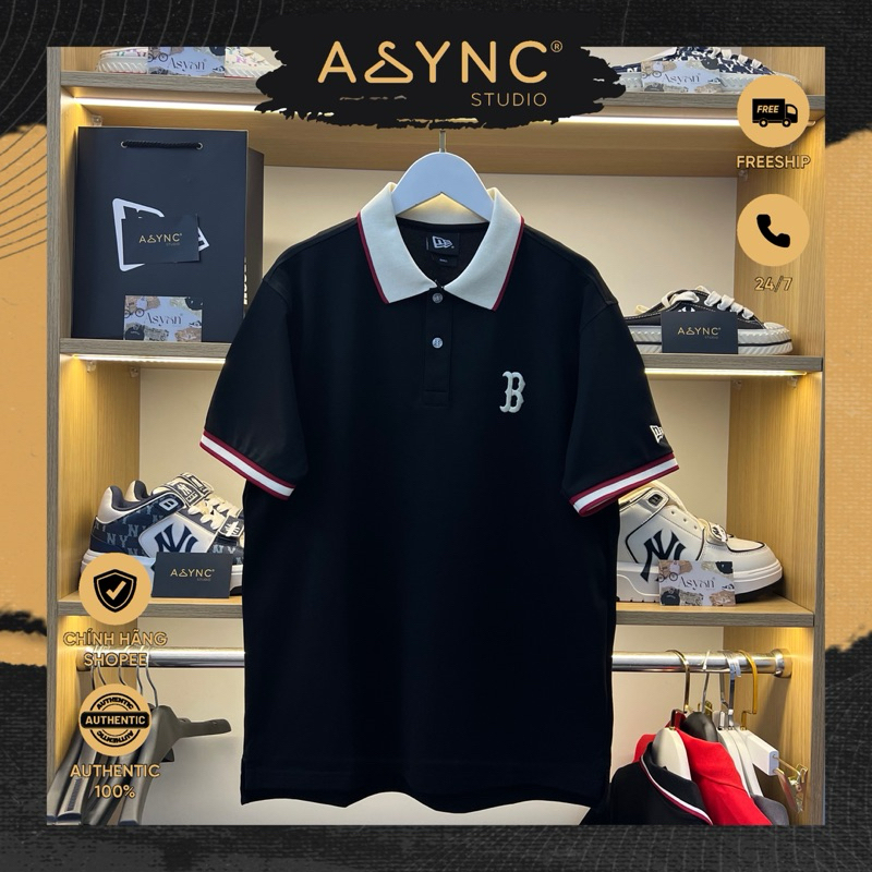 (Auth) New Era x MIb Boston Polo Shirt Black Cream Collar Sleeves Red ...