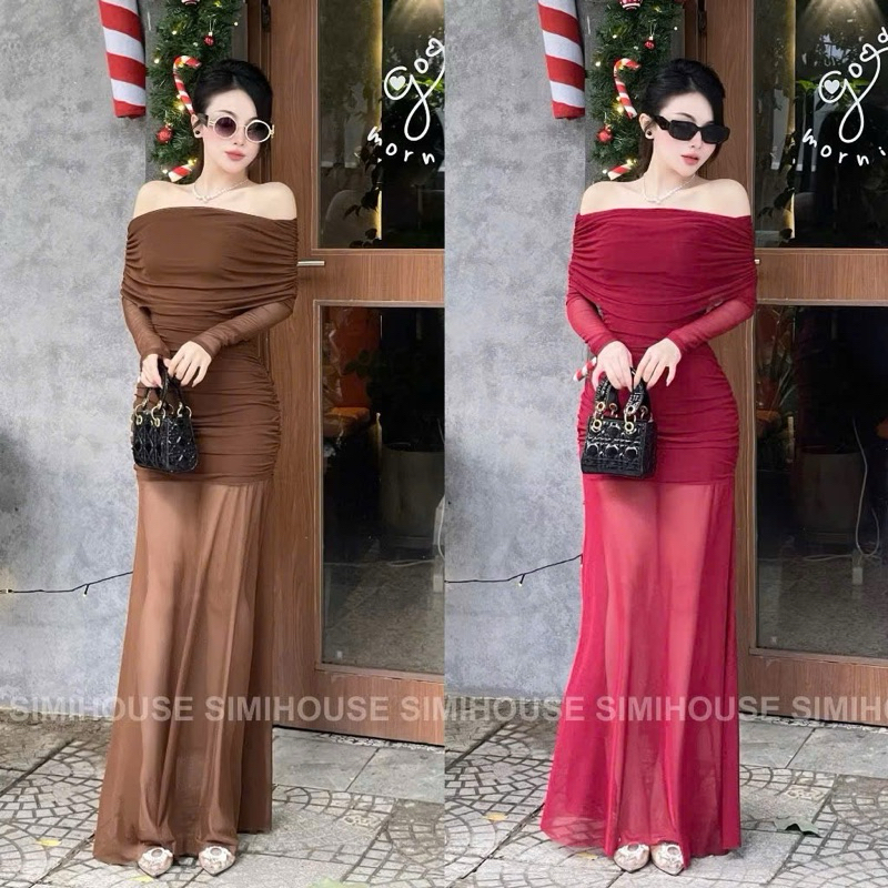Td Mesh Maxi Dress Hot Off Shoulder Flared Tail | Shopee Malaysia