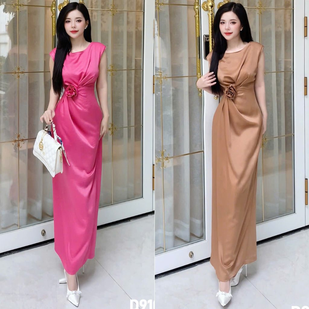 D910 LEOSWEARING long wet silk dress with ruffled waist | Shopee Malaysia