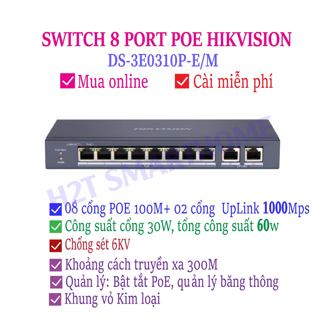 Hikvision DS-3E0310P-E/M PoE Switch, 08 100Mbps PoE ports, 02 Gigabit ...