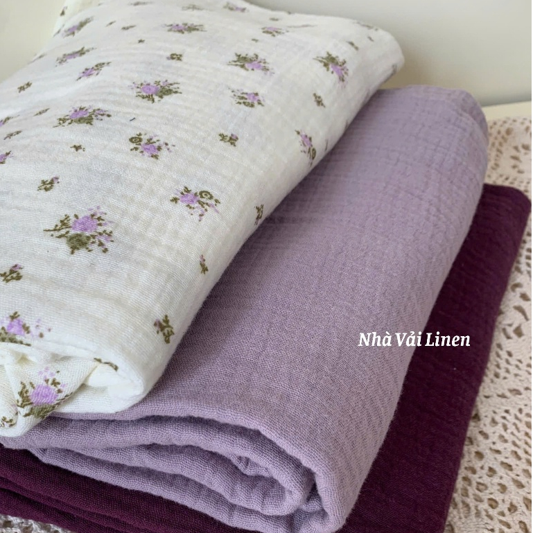 Muslin Patterned Fabric with Purple Flowers and Green Leaves, Soft and ...
