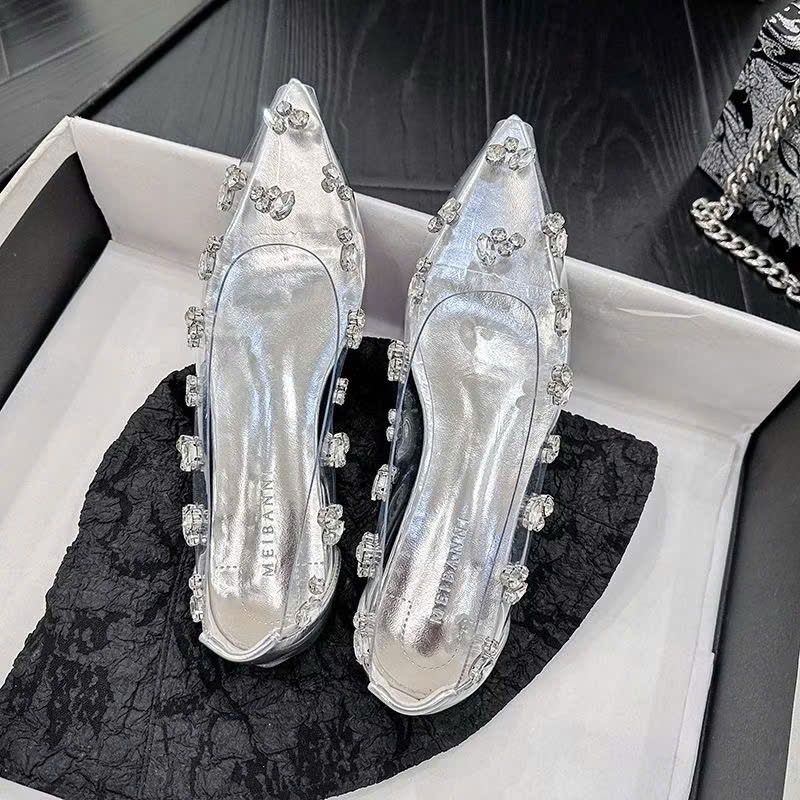 Women's pointed-toe doll shoes with clear straps and rhinestone bows ...