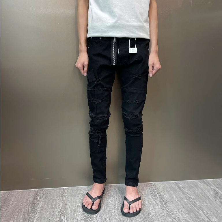 Ripped black jeans with 2 thigh panels, 4-button version, mixed zipper ...