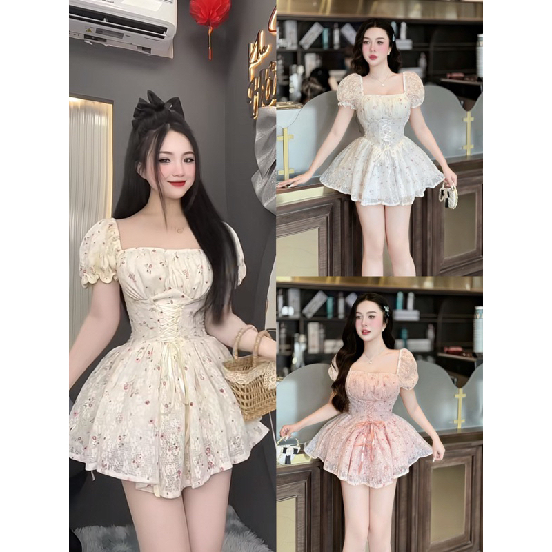 ALY FLOWER LACE DRESS WITH Puffed Sleeves and Knitted Mesh Belly Strap ...