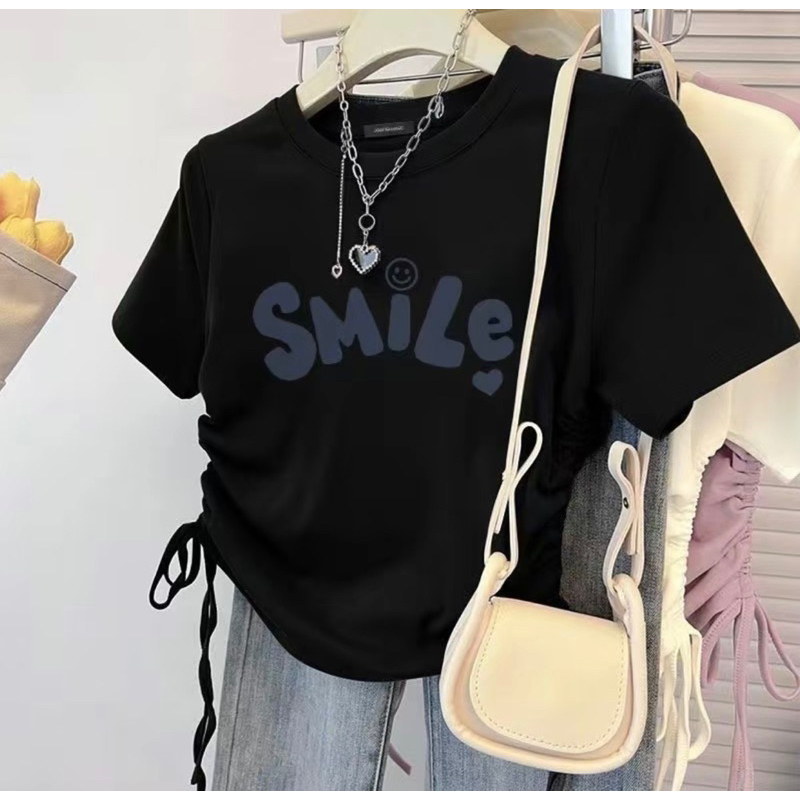 Smile Smiley Face Ribbed Crop Top with Small Heart, drawstring at the ...