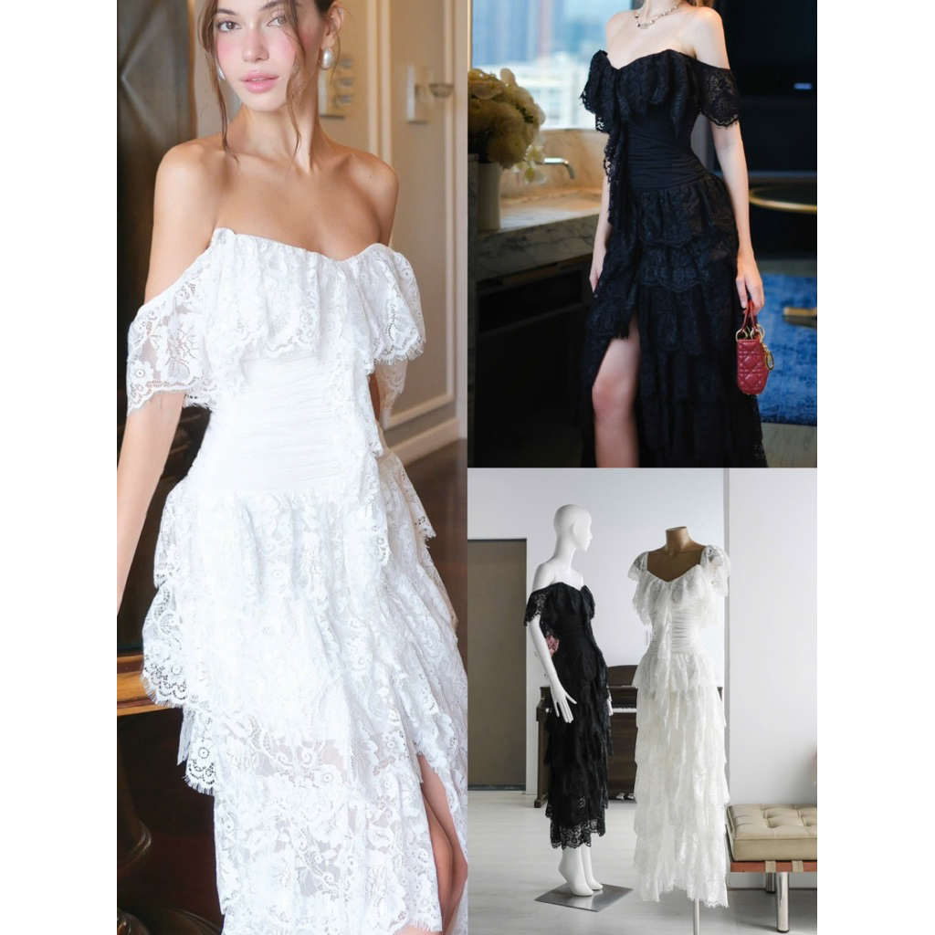 Long, multi-layered off-the-shoulder lace dress with flowing effect and ...