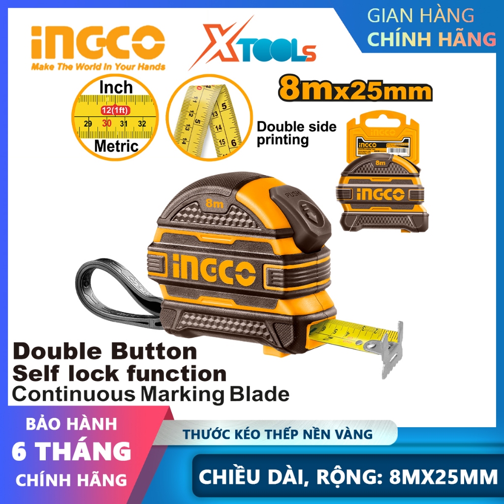 INGCO HSMT08316 yellow-based steel scissors ruler, 3mx16mm round ruler ...