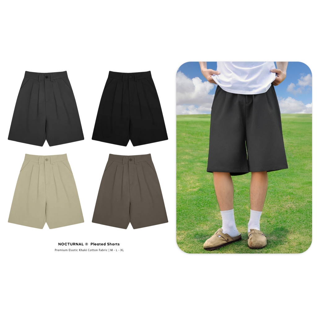NOCTURNAL Pleated Short Khaki Unisex Men's and Women's Local Brand Wide ...