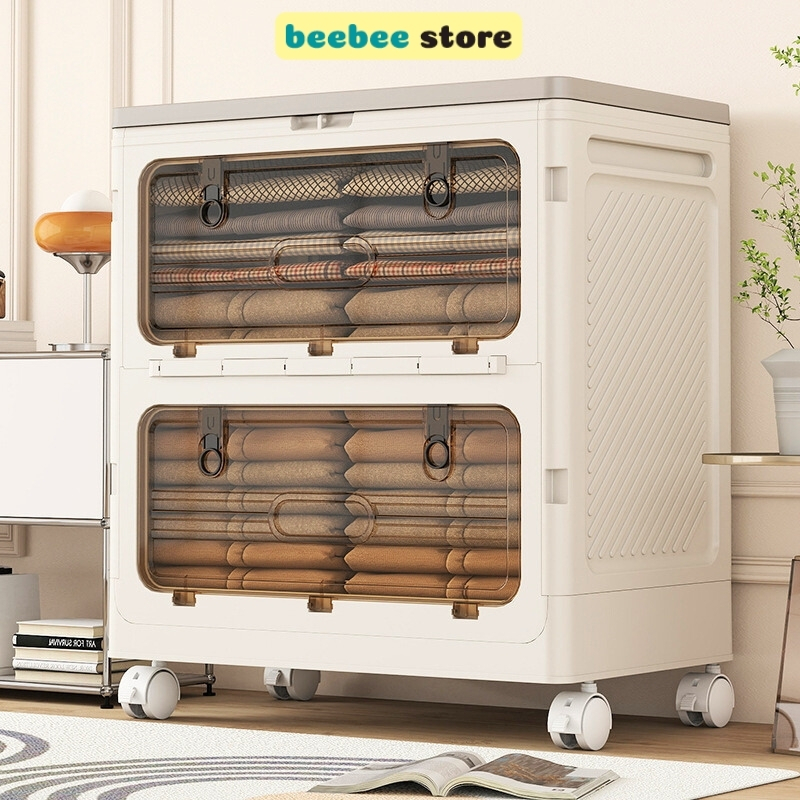 Foldable Clothes Bin, Large Plastic Storage Box, 130L Capacity, 2-Door ...