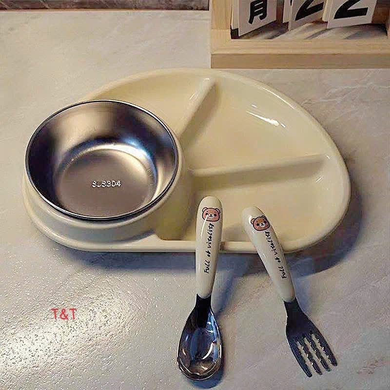 Bear Shaped Baby Feeding Tray Set (Tray + Stainless Steel Bowl + Spoon ...