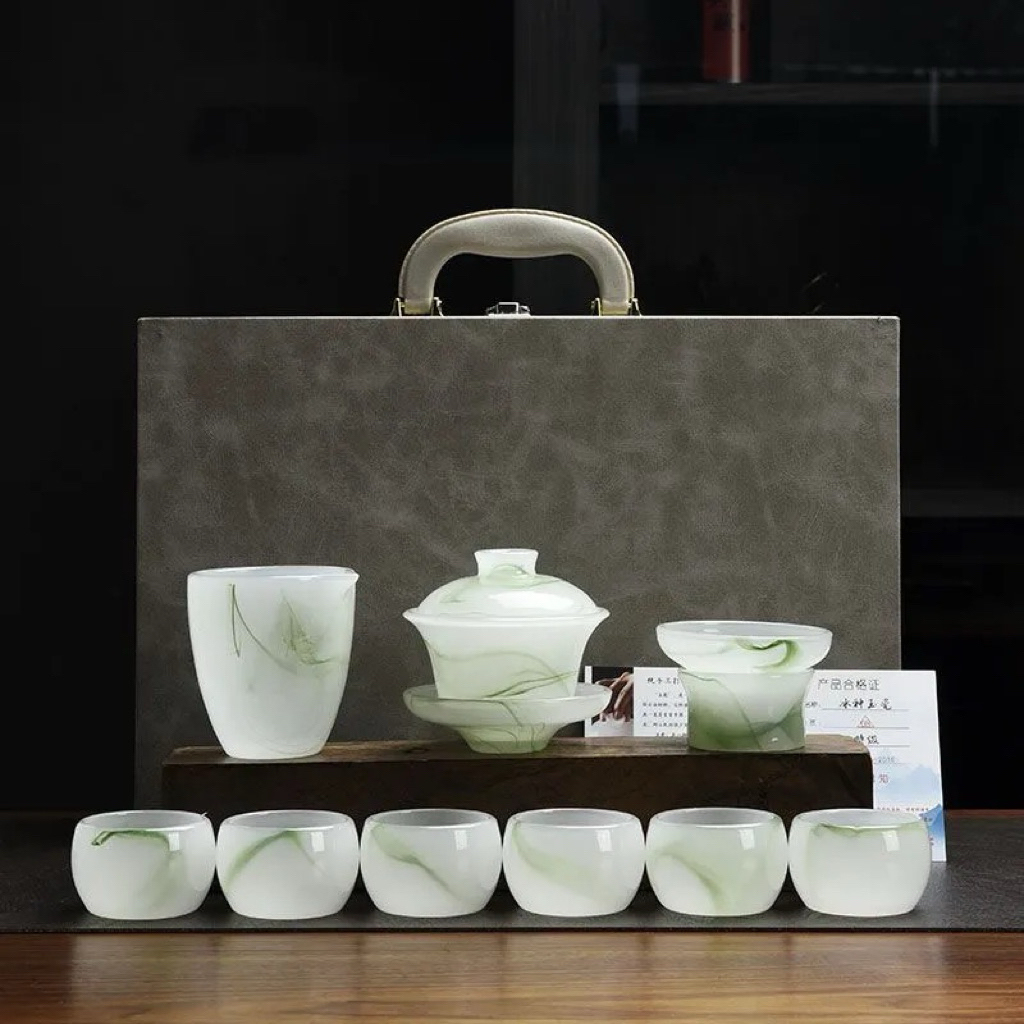 9 Piece color enameled white jade porcelain tea set, full high-end gift ...