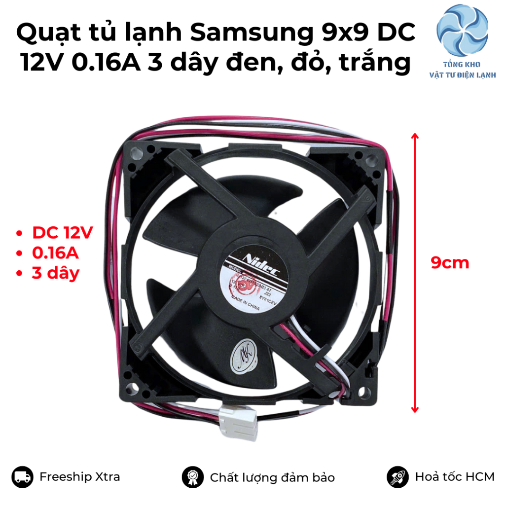 Samsung refrigerator fan 9x9 DC 12V 0.16A 3 wires black, red, white ...