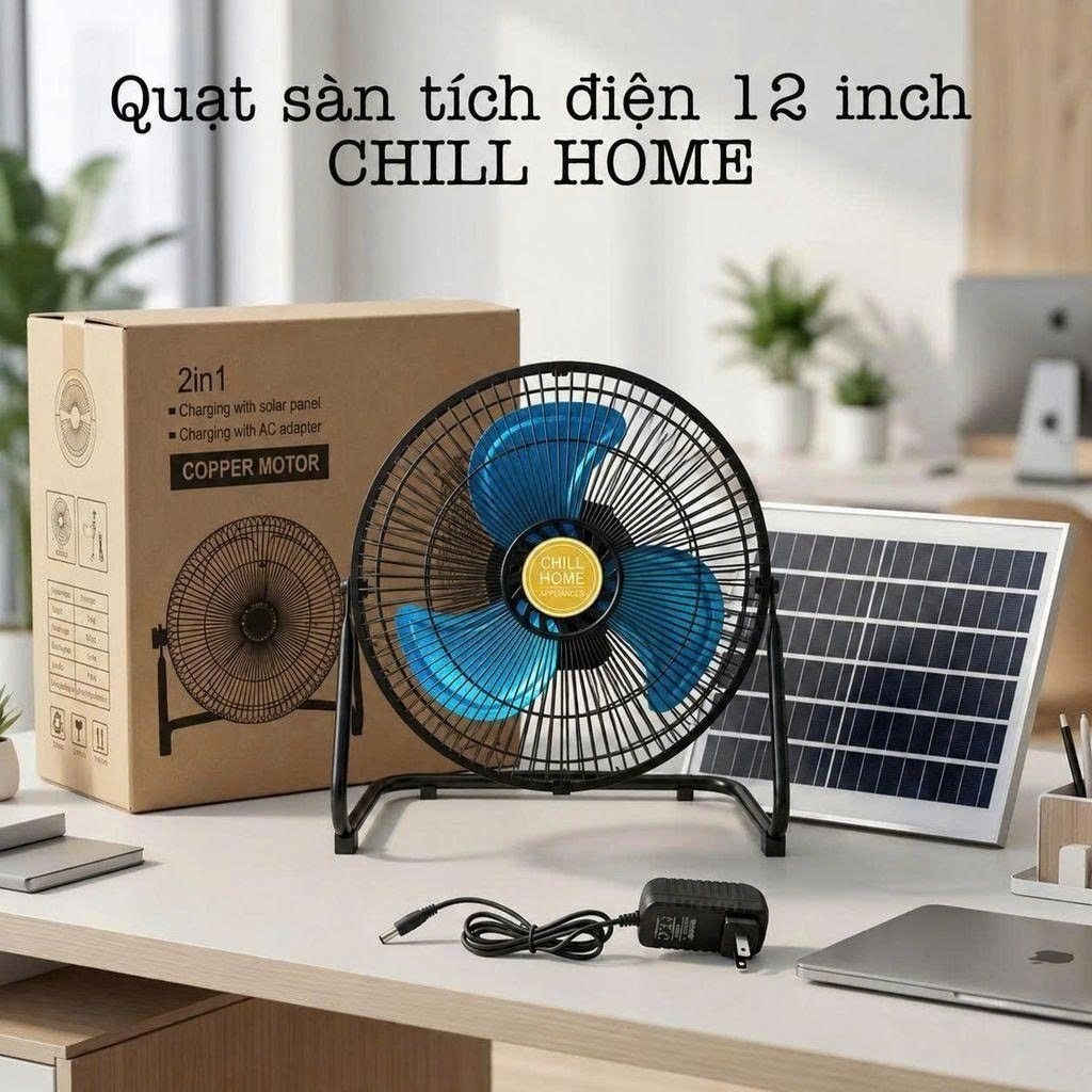 CHILL HOME 12inch rechargeable floor fan, 4800mAh battery, with solar ...