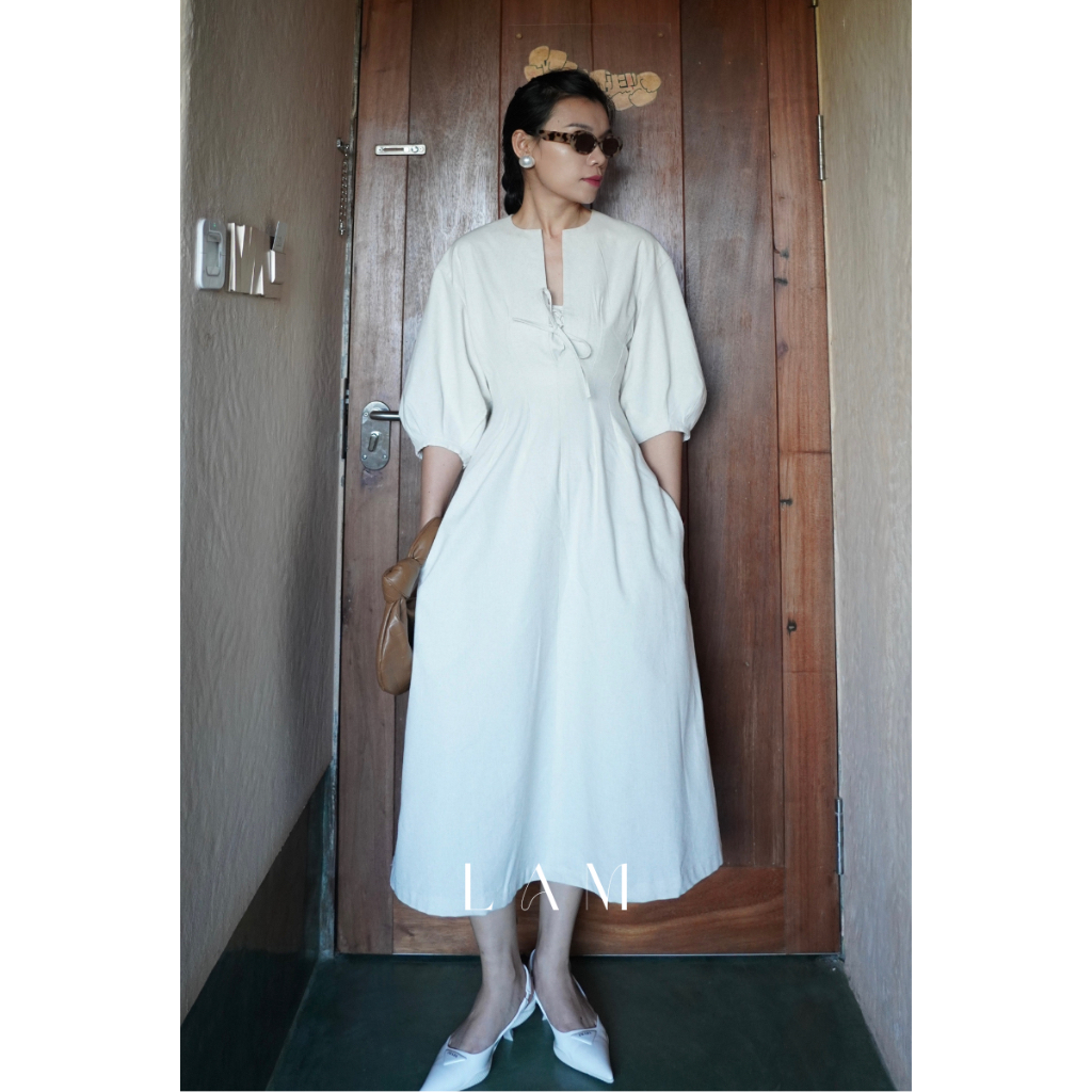 Women's long flared dress, women's linen midi dress with A-line puff ...