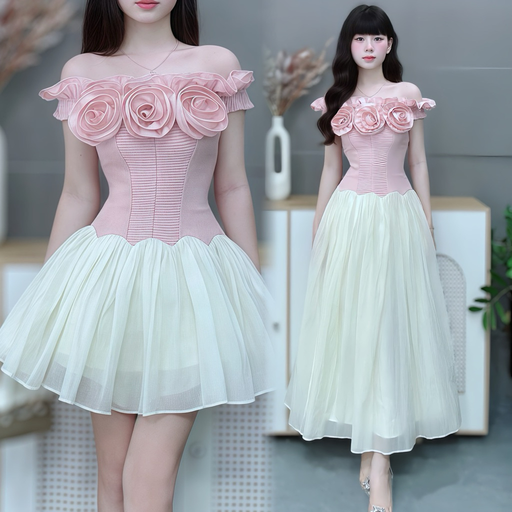 D226 (small form) Elegant 3D flower embellished flat shoulder dress ...