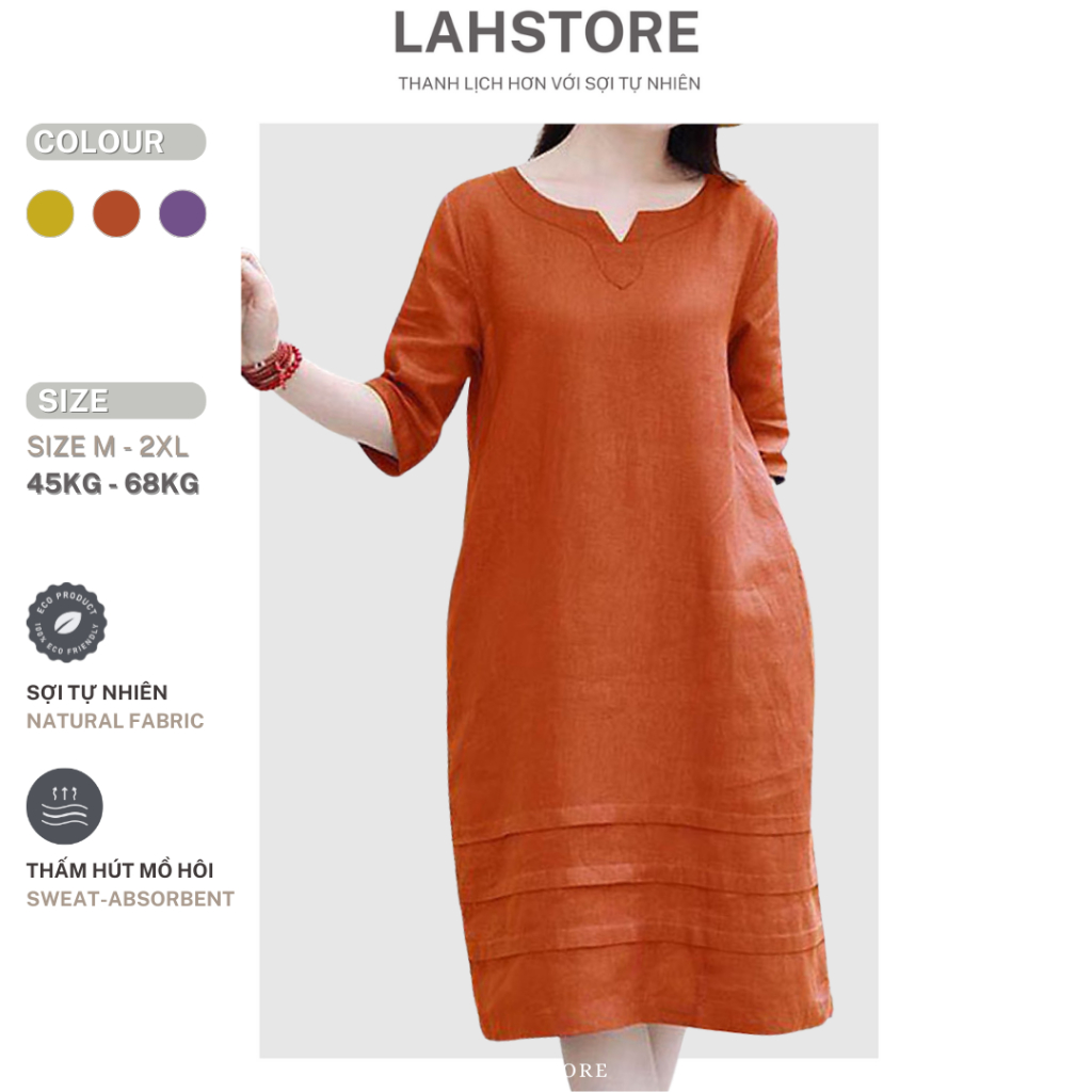 LAHSTORE middle-aged linen dress with short sleeves and V-neck to hide the belly DS16 (Cam Dat ...