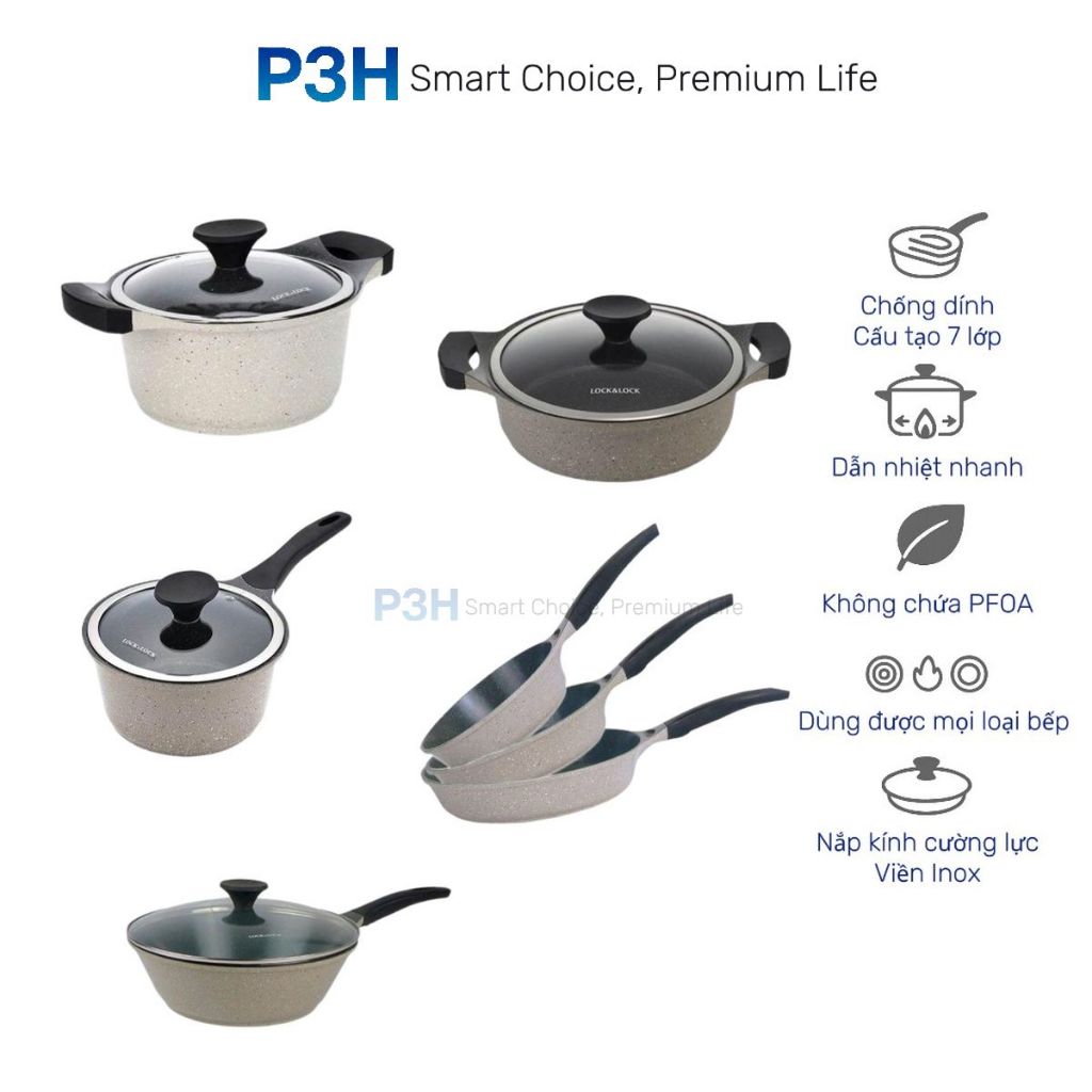 Lock&Lock Stone-patterned pots and pans, 7-layer Stone series, sizes ...