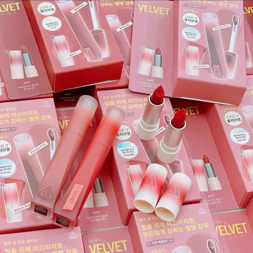 [100% GENUINE] 3CE VELVET PLUSH TINT LIPSTICK SET + FREE MINI LIPSTICK ...
