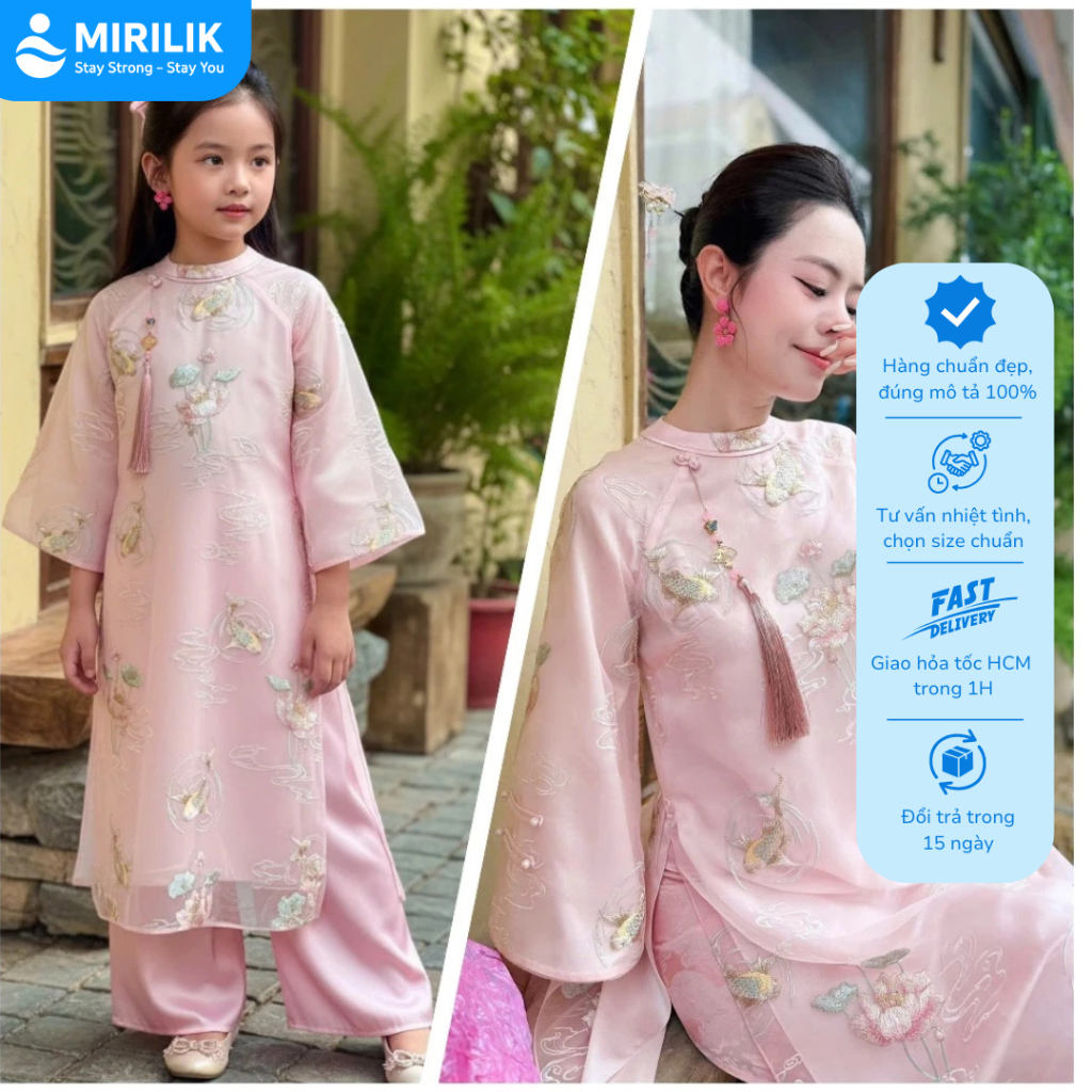 Cute Pink Mother and Baby Girl Ao Dai with Lotus Shape Tet Ao Dai 2026 ...