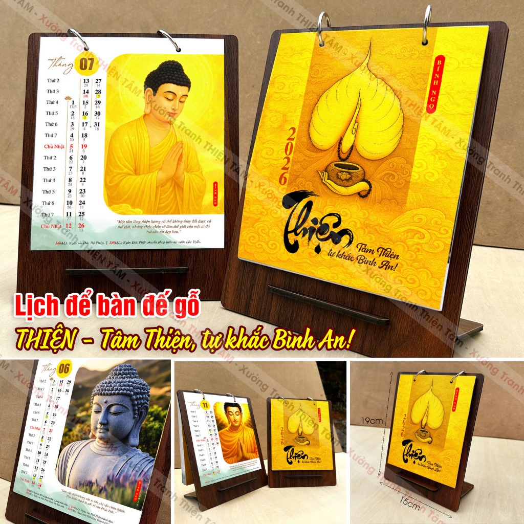 Buddhist desk calendar 2026 (with lunar days), with wooden base: TAM ...