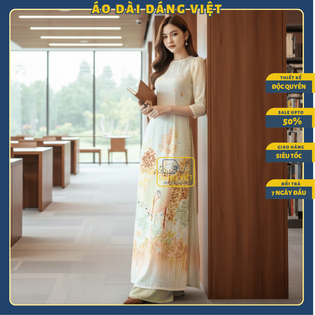 Wood grain brocade ao dai with round neck and puff sleeves, high ...