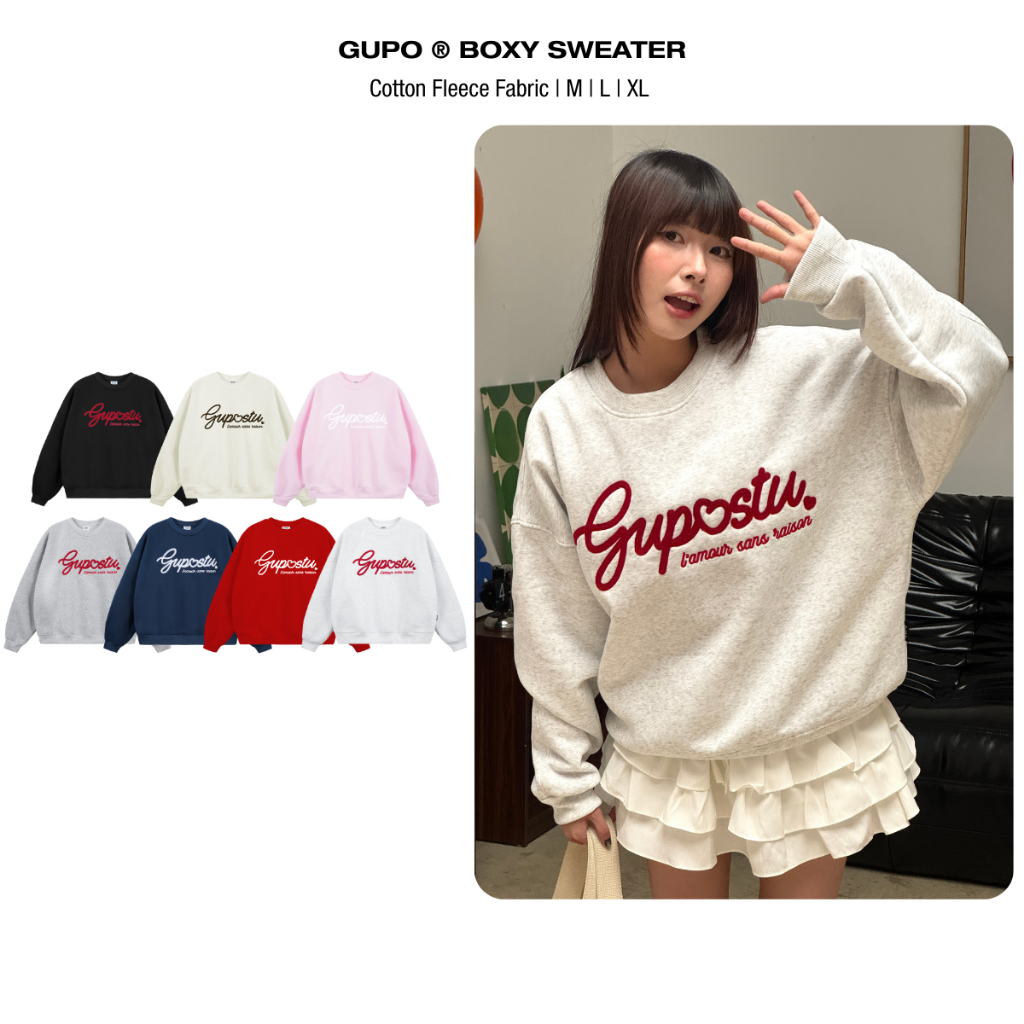 GUPO Wool Embroidered Sweater with Puff Sleeves Boxy Form Thick Cotton ...